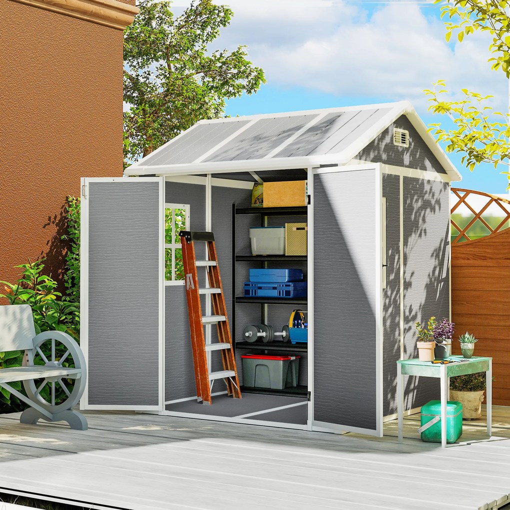 Zahradní kůlna Outsunny s povrchem připomínajícím staré dřevo, 2,91 m², s dvojitými dveřmi a zámkem, šikmou střechou, 181x181x220 cm, šedá