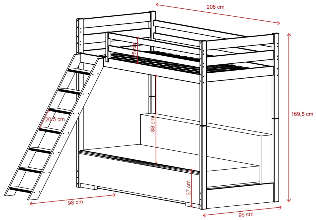 Legno Dětská patrová postel Sofie bílá s šedou rozkládací pohovkou Rozměr (cm): 90x200/140x200, Barva látky: Šedá ZOOM