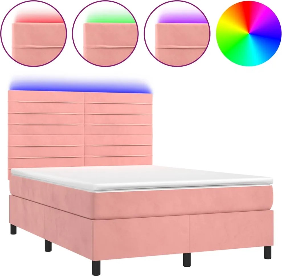 Box spring postel s matrací a LED růžová 140x190 cm samet 3136184