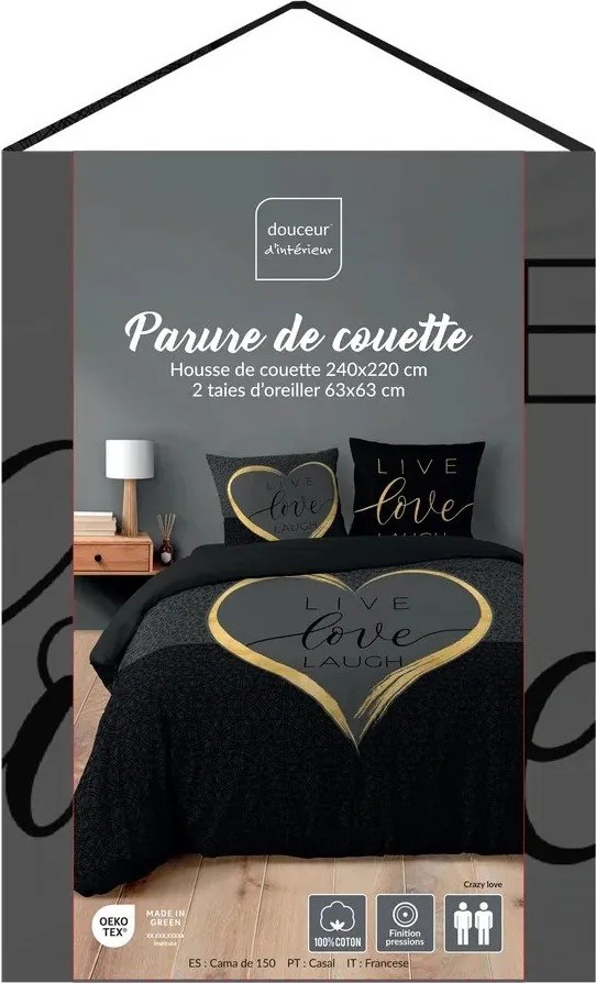 Černé 3dílné bavlněné povlečení na dvoulůžko/prodloužené 240x220 cm Crazy Love – douceur d'intérieur