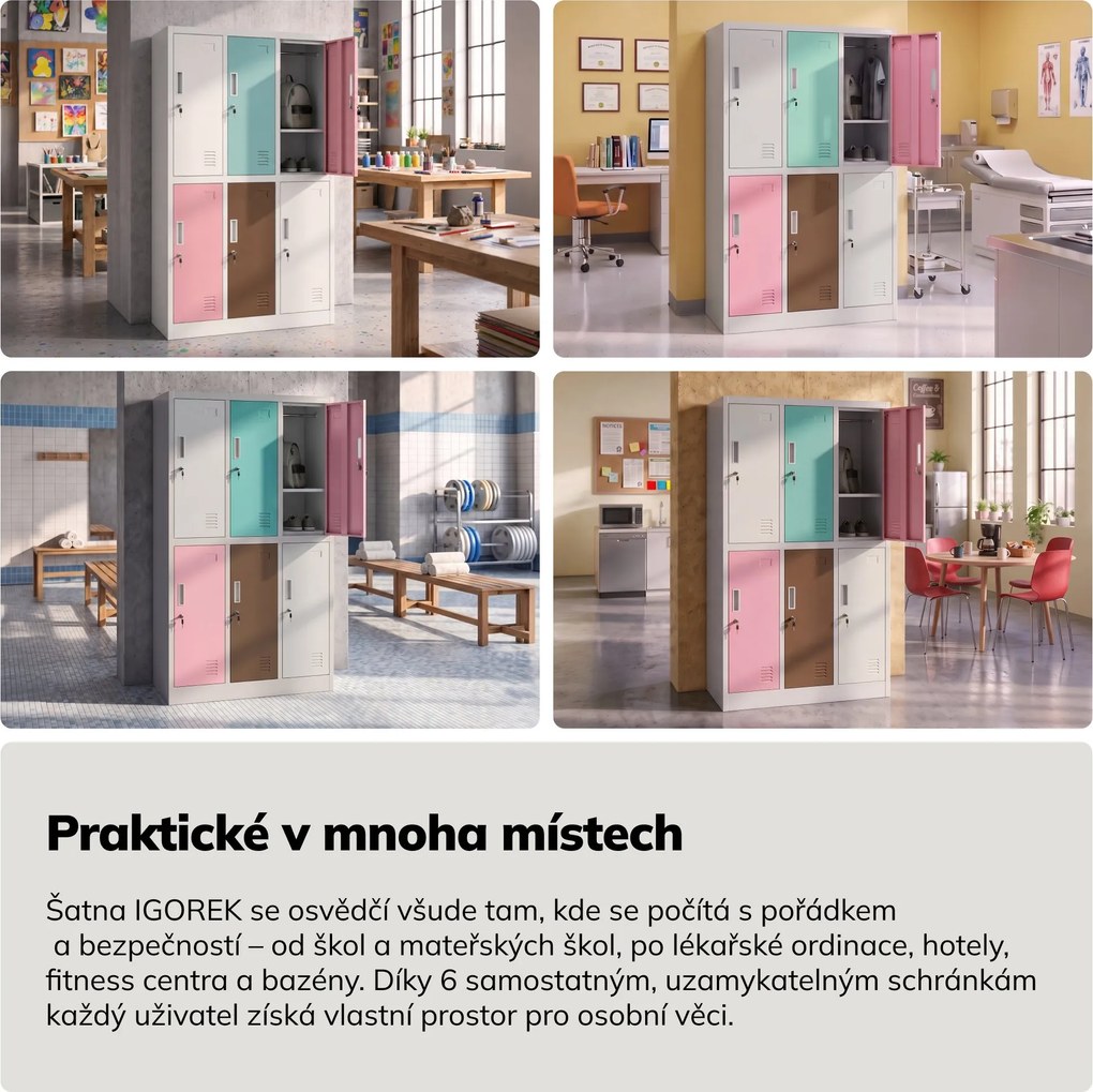 Školní skříňka BOZP 6komorová šedo-pastelová, 900x1500x450 mm: IGOREK