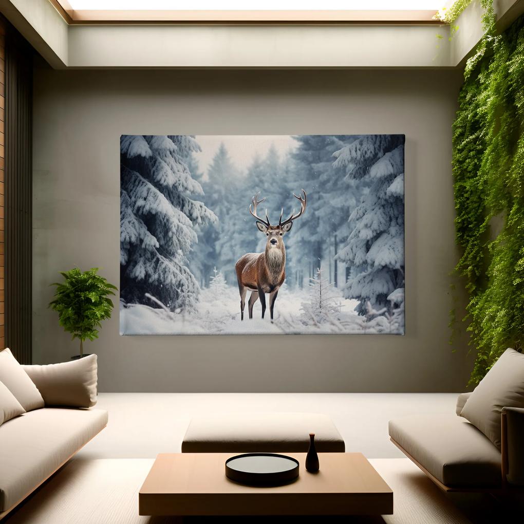 Obraz na plátně - Jelen pozoruje okolí v zimním jehličnatém lese FeelHappy.cz Velikost obrazu: 150 x 100 cm