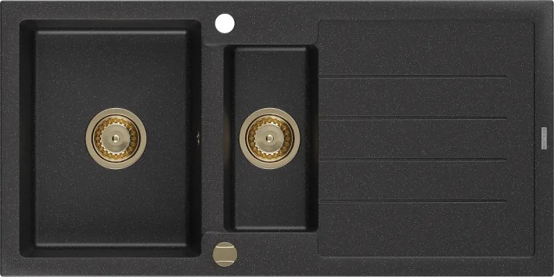 Mexen Andres, granitový dřez 1000x500x200 mm, 1,5-komorový, černá-stříbrná metalíza se zlatým sifonem, 6515101510-73-G