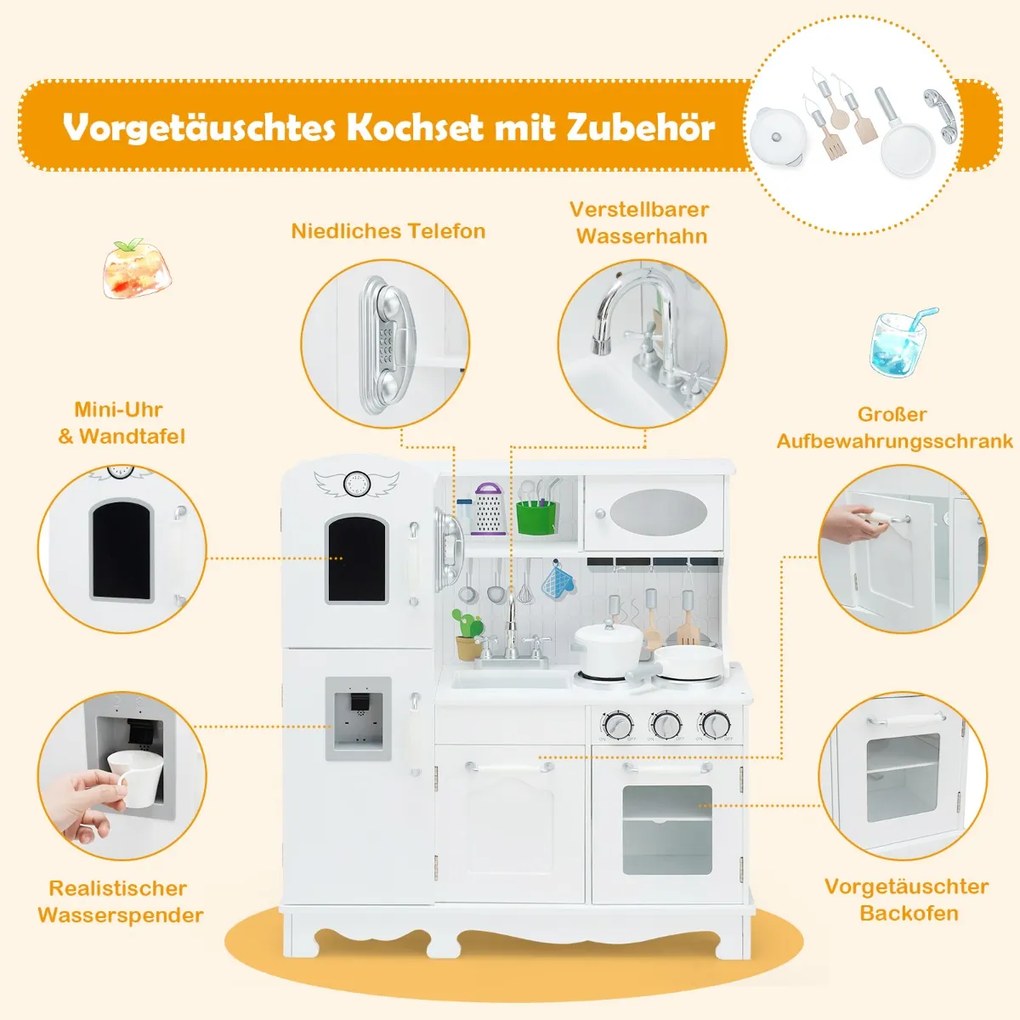 Costway Dětská kuchyňka s realistickým světlem a zvukem a doplňky, bílý