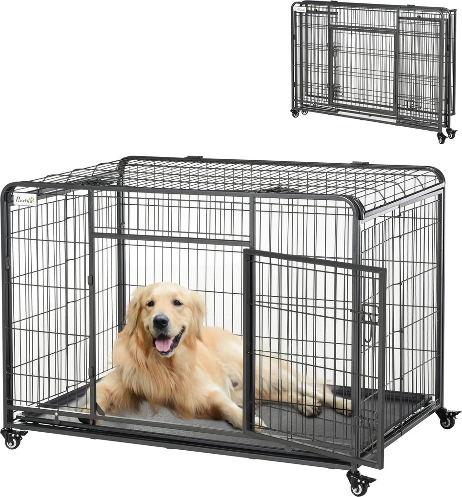 PawHut Skládací Kovová Klec pro Velké Psy 125x76x81 cm s Kolečky a Brzdami, Odnímatelný Tácek a Dveře s Zámky pro Golden Retriever a Labradory Tmavě Š
