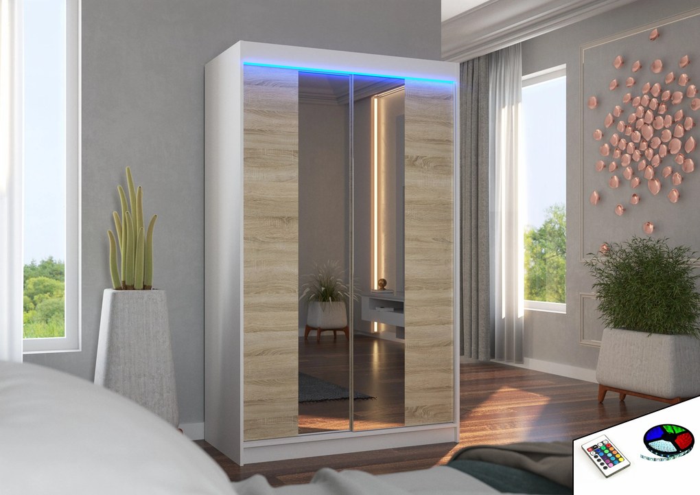 ADRK Furniture Posuvná skříň se zrcadlem a LED osvětlením MARVIN 120 ADRK-SW-MAR-WS-120+L