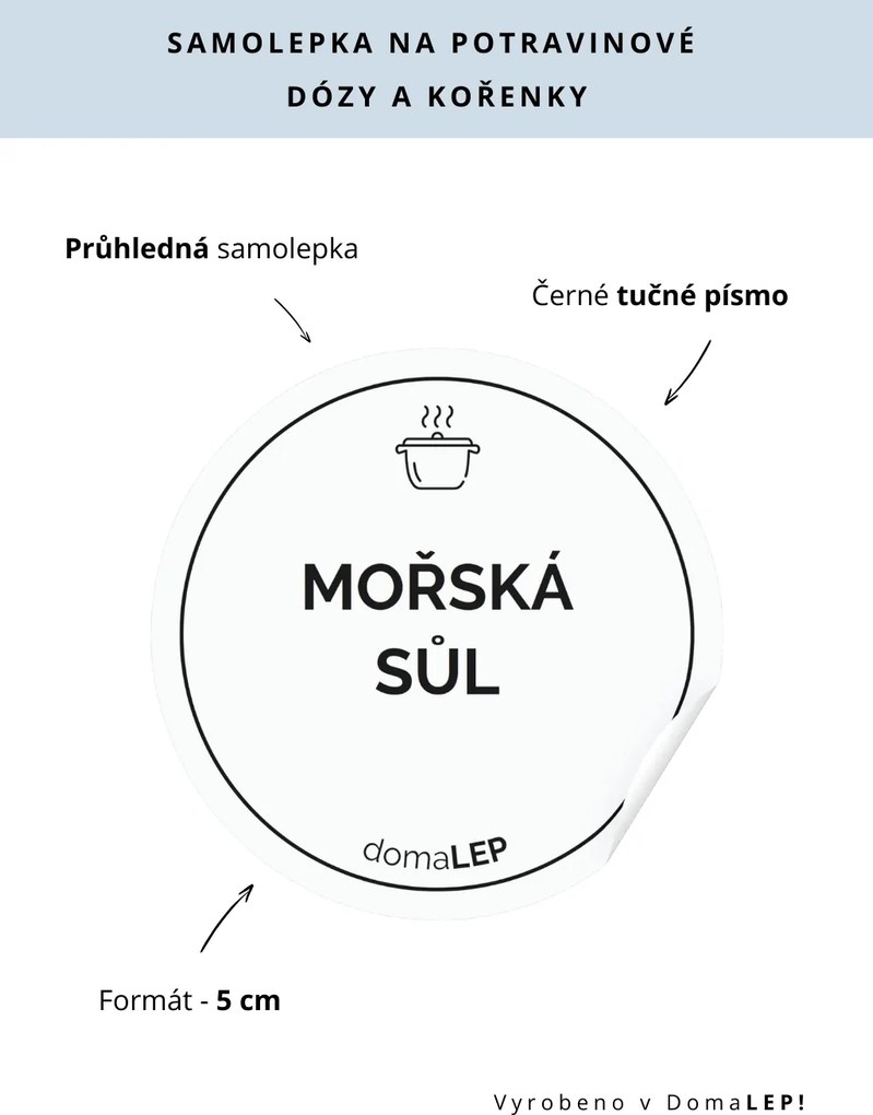 MOŘSKÁ SŮL – průhledná samolepka na dózu, tučné písmo, 5 cm | DomaLEP