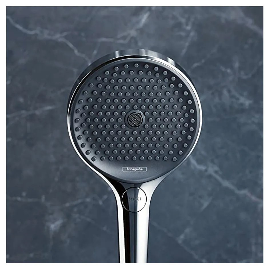 Hansgrohe Rainfinity, sprchová sada 130 3jet EcoSmart s tyčí 90 cm a poličkou na mýdlo, chromová, HAN-27672000