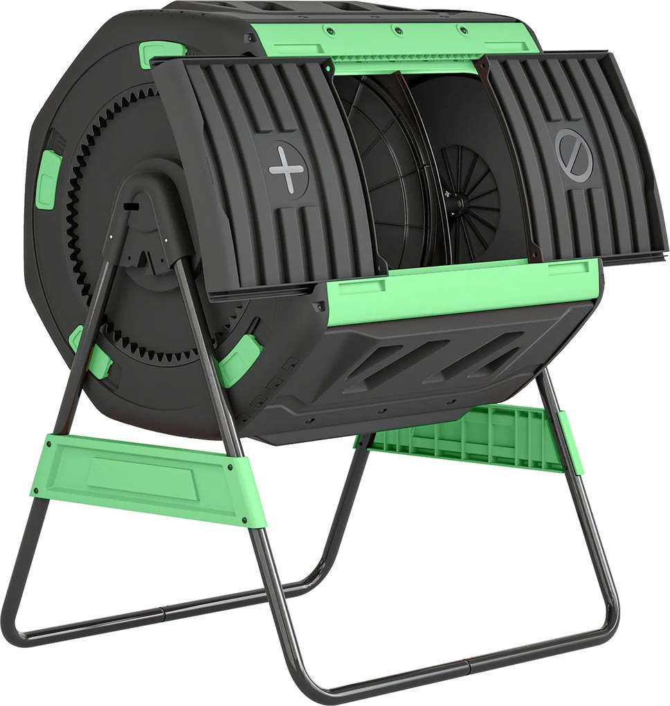 Outsunny 200 l kompostér s otočným bubnem, 94 × 67 × 98 cm – rychlý kompostér s větracími otvory a posuvnými dvířky, odolný plast