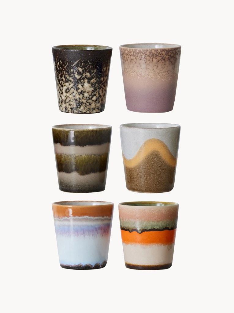 Sada ručně vyrobených pohárků s reaktivní glazurou 70's, 6 dílů