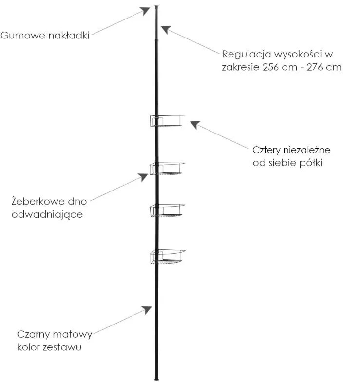 Erga Scopic, rohová teleskopická sprchová tyč 4 policová XL, černá matná, ERG-YKA-CH.SCOPIC-XL-BLK