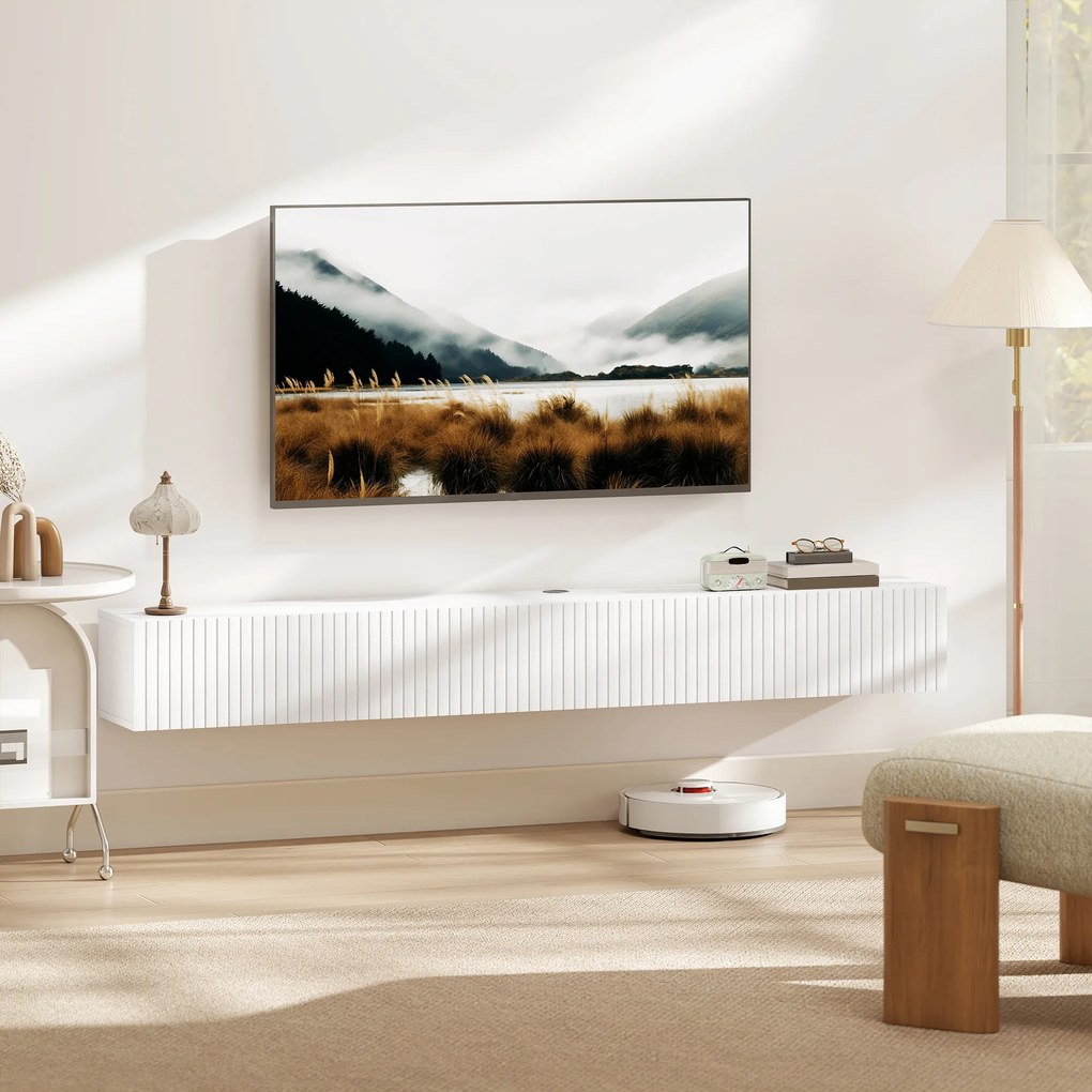 HOMCOM Zavěšený TV nábytek 180 cm, TV nábytek pro televizory až do 183 cm, 2 sklápěcí dveře, 180x25x22 cm, bílá