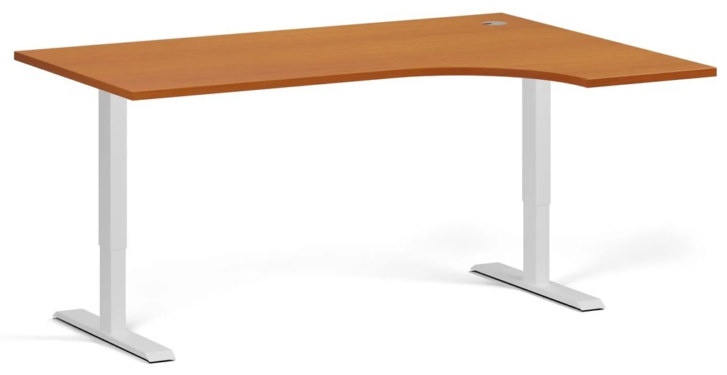 Rohový výškově nastavitelný stůl, 160x120 cm, 1 motor, L/P, bílá podnož, třešeň