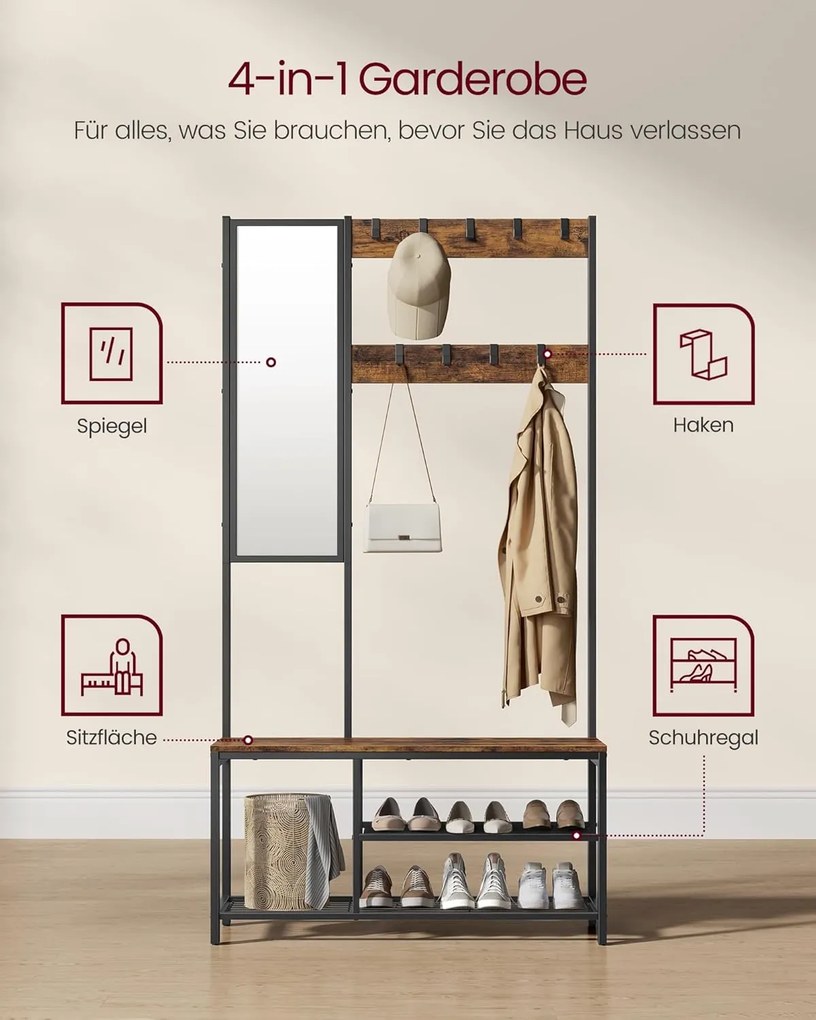 Předsíňový věšák s policí, zrcadlem na oděvní stojan, úložným prostorem na boty a sedátkem, rustikální hnědá, 36 x 98 x 185 cm