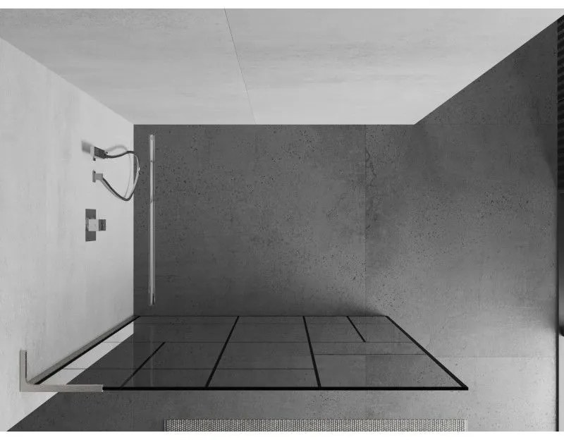 Mexen Kioto L, sprchová zástěna Walk-In 100 x 200 cm, 8mm čiré sklo černý vzor, broušená ocel profil, 800-100-103-97-78