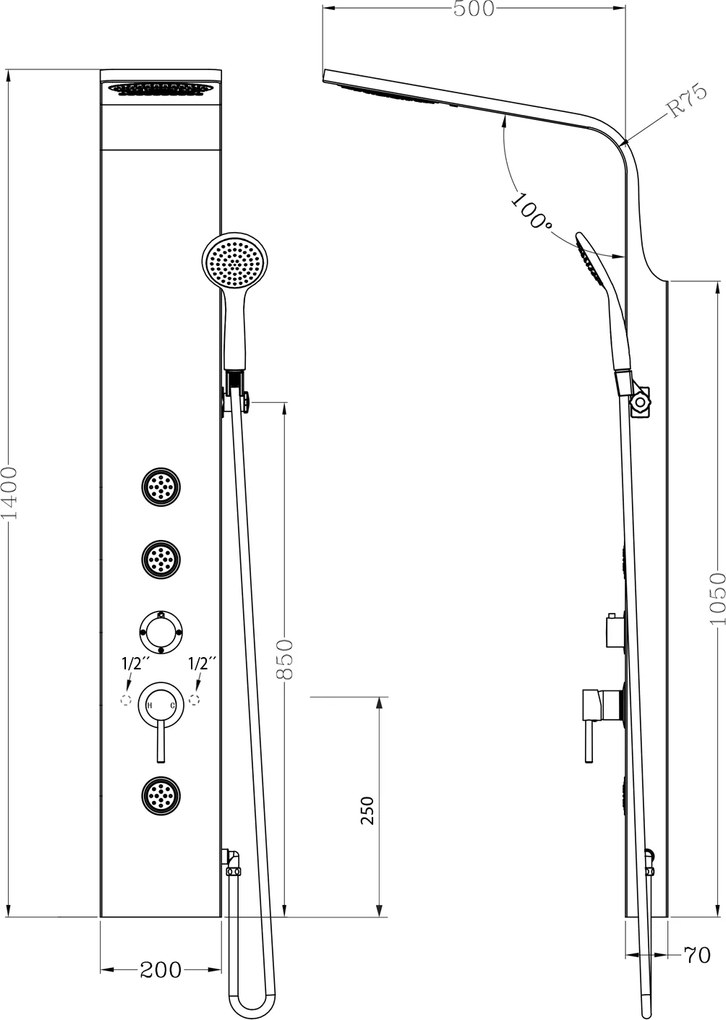 Aqualine, TUSA sprchový panel s baterií, 1400 mm, hliník, SL680