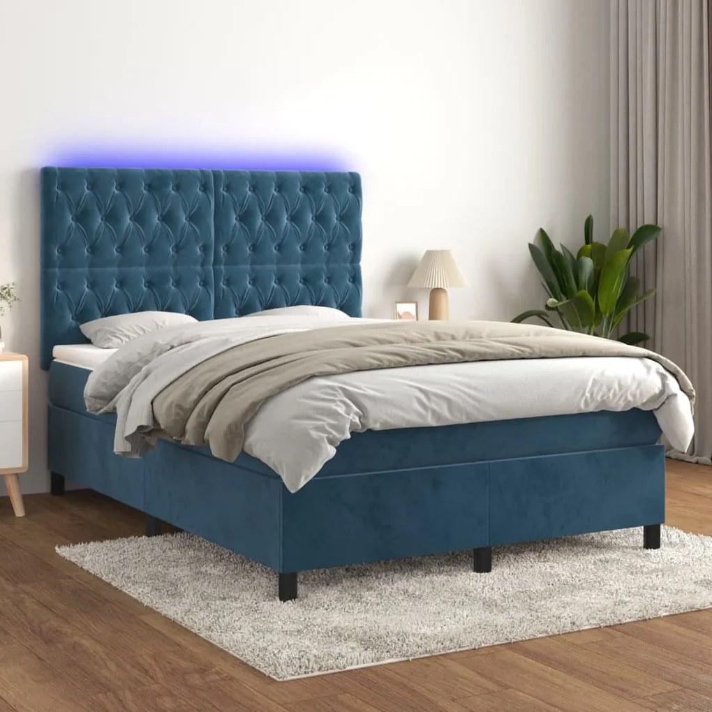 Box spring postel s matrací a LED tmavě modrá 140x190 cm samet 3136303