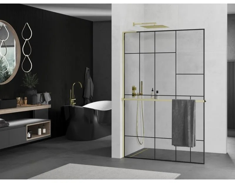 Mexen Kioto+ L, sprchová zástěna Walk-In s poličkou a věšákem 100 x 200 cm, 8mm čiré sklo černý vzor, zlatý lesklý profil, 800-100-123-50-78