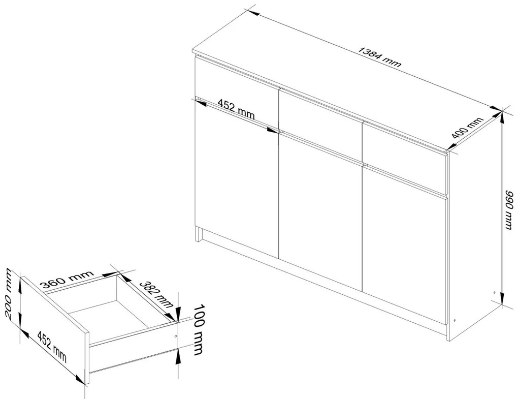 Komoda Karolína 140 cm 3 skříňky a 3 šuplíky dub sonoma