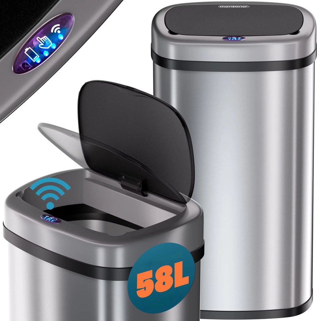 Deuba Bezdotykový hranatý odpadkový koš s USB 58 L - stříbrný
