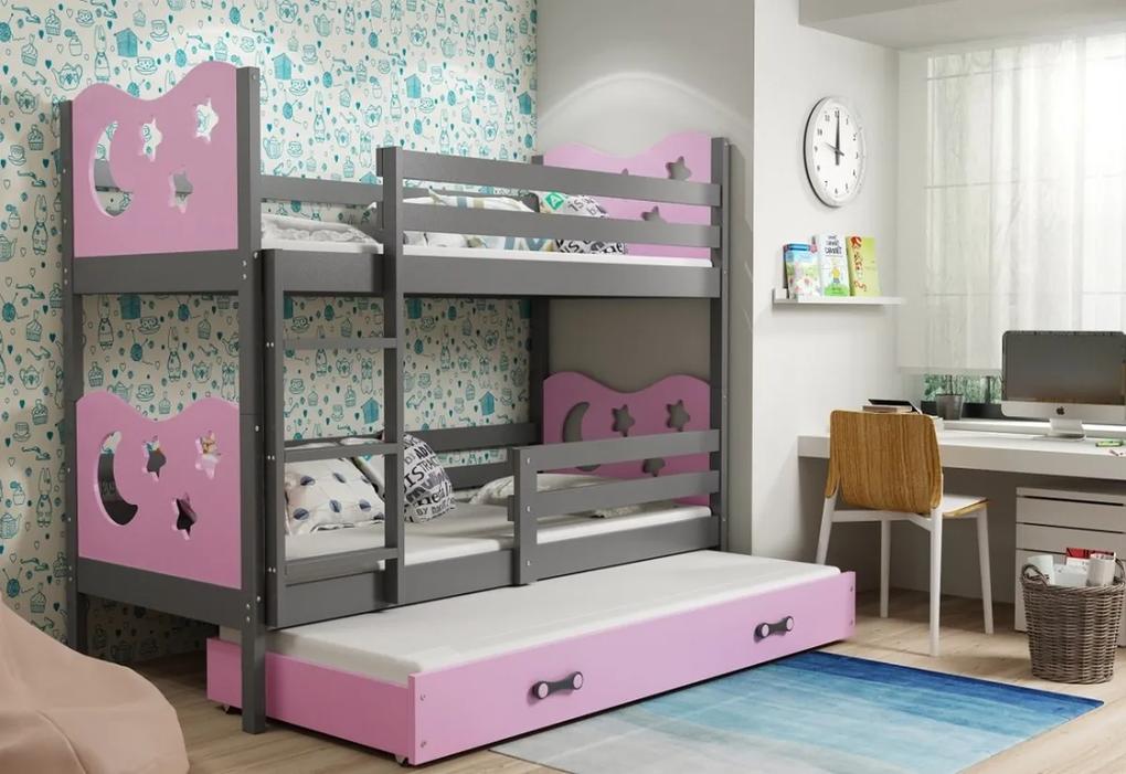 Patrová postel KAMIL 3 + matrace + rošt ZDARMA, 80x160, grafit, růžová