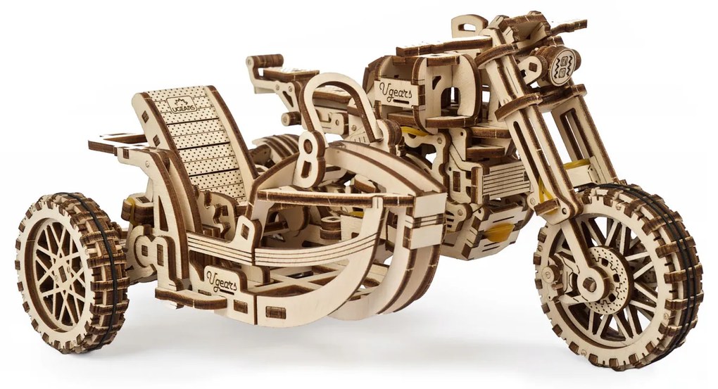 Ugears 3D dřevěné mechanické puzzle UGR-10 Motorka (scrambler) s vozíkem