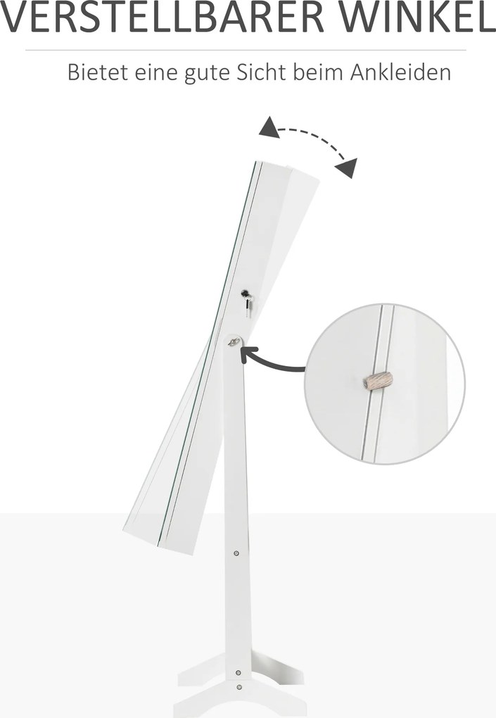HOMCOM šperkovnice se zrcadlovou skříňkou s LED, stojací zrcadlo se 4 policemi, 46 x 36,5 x 151,5 cm