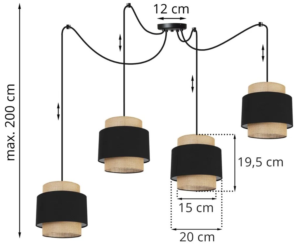 Závěsné svítidlo BOHO SPIDER, 4x jutové/černé textilní stínítko