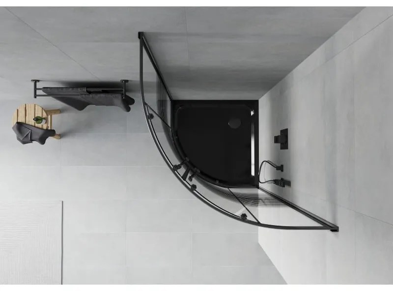 Mexen Rio, čtvrtkruhový sprchový kout s posuvnými dveřmi 80 (dveře) x 80 (dveře) x 190 cm, 5mm čiré sklo s pásky, černý profil + černá sprchová vanička SLIM, 863-080-080-70-20-4170B