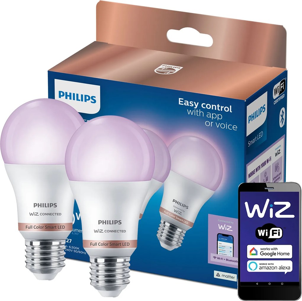 2x Led žárovka E27 A60 8,5W 60W 2200-6500K Rgb Smart WiFi Philips WiZ
