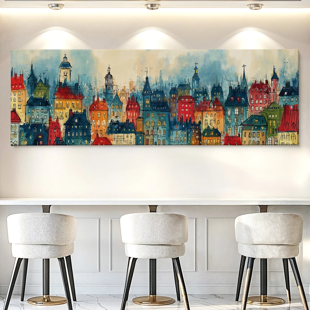 Obraz na plátně - Praha stověžatá, Věže, střechy, město FeelHappy.cz Velikost obrazu (šířka x výška): 270 x 90 cm