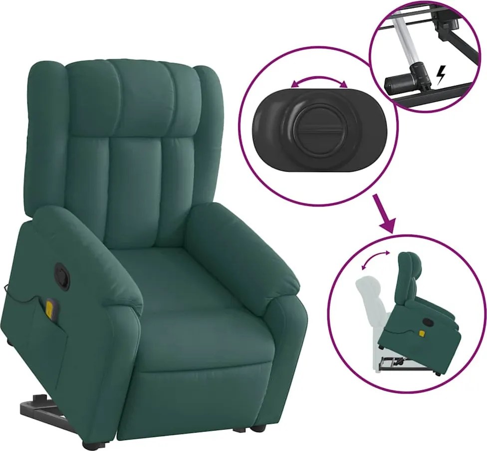 Zvedací masážní polohovací křeslo tmavě zelené textil 3205334