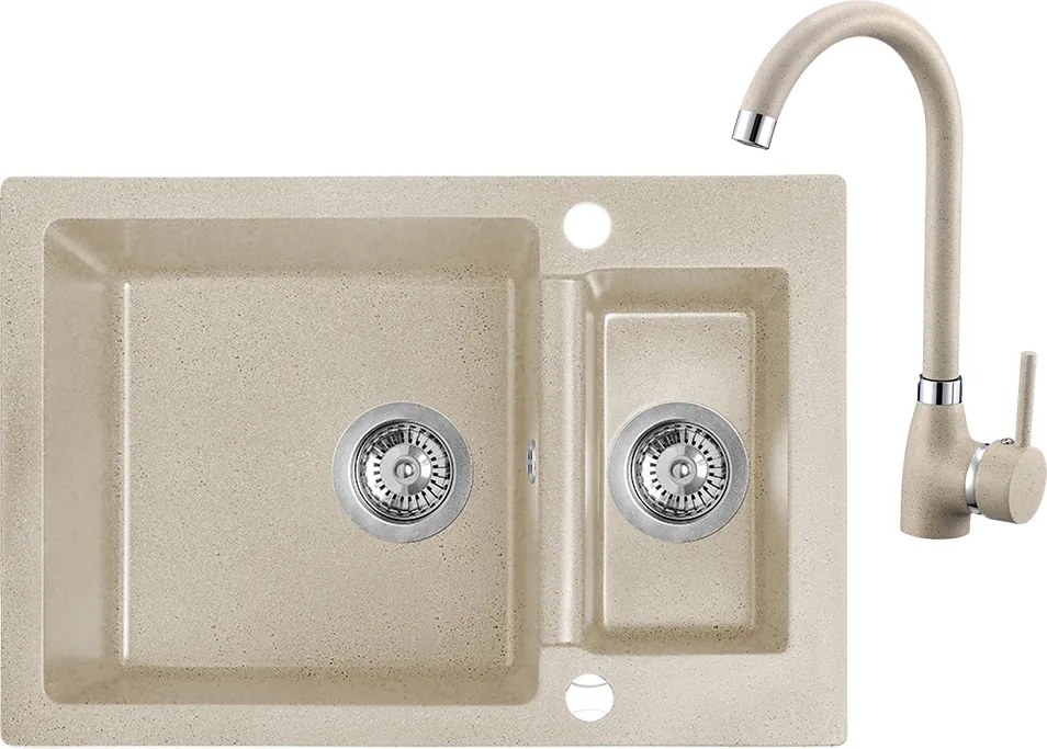 Laveo Celia, 1,5-komorový granitový dřez 650x440x195 mm + dřezová baterie s výlevkou ve tvaru U, béžová, LAV-SJCA430T