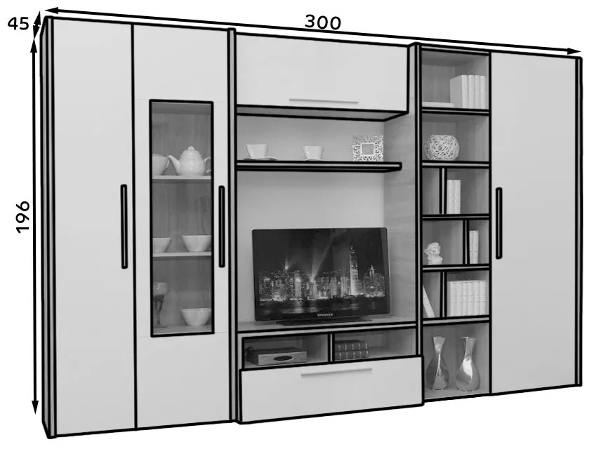 ADRK Obývací stěna SMERA 300 S-WS, bílá lesk/dub sonoma