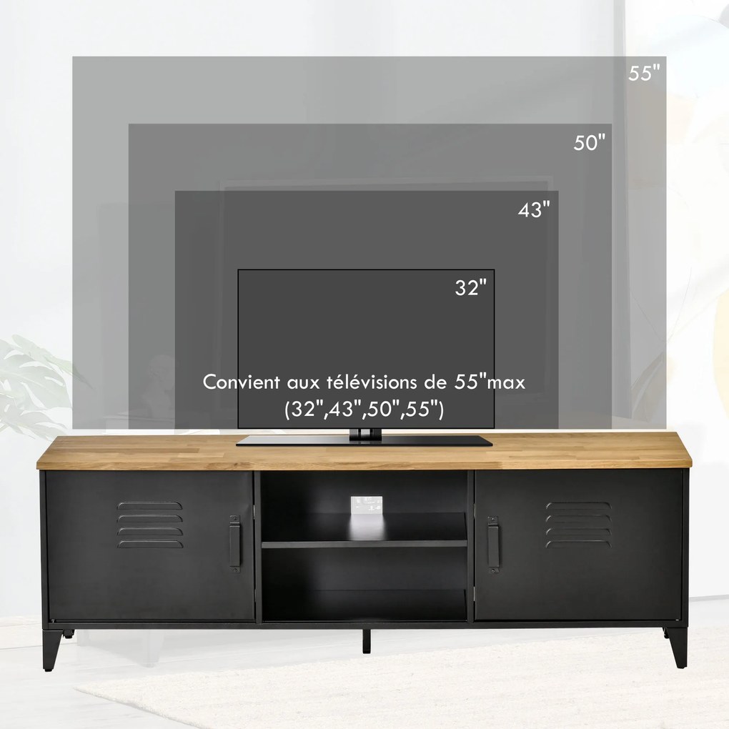 HOMCOM TV Stojan pro televizory do 55'' s 2 skříňkami, nastavitelné nohy, černý kovový rám, přírodní dřevěný vršek, 150 x 40 x 50 cm