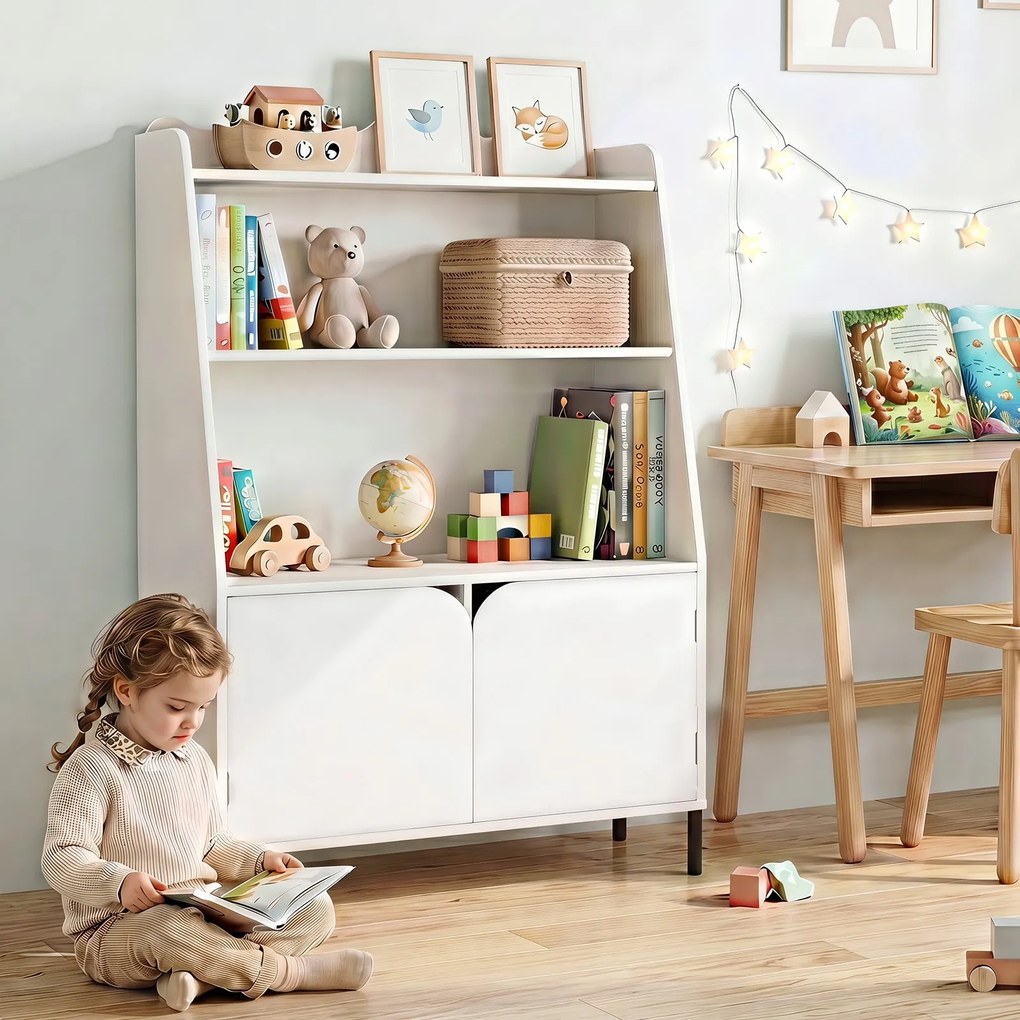 Costway Montessori dřevěná dětská polička s 3 otevřenými přihrádkami a 2 dvířky