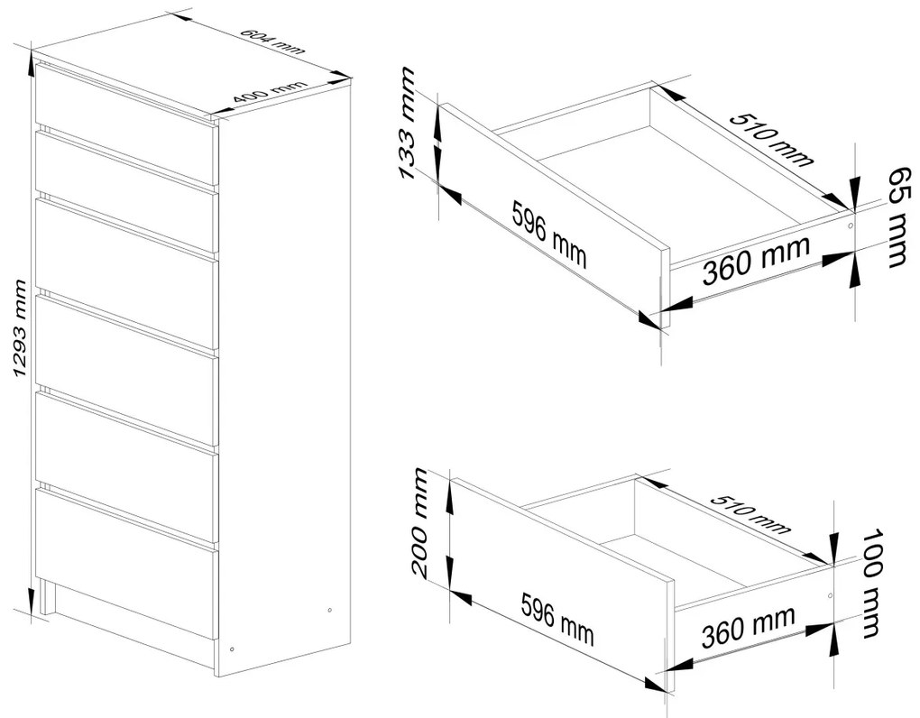 Komoda Kuba 60 cm - 6 šuplíků bílá/černá