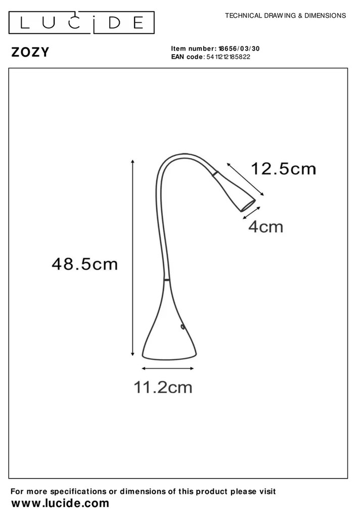 Lucide 18656/03/30 stolní LED lampa Zozy černá, 4W, 3000K, 48,5cm