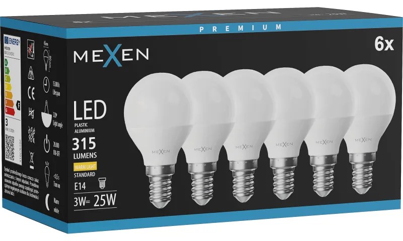 Mexen Nova 6x LED žárovka E14, G45, 3W, Teplá - 3000K, 315 lm - L101-E14-0330-01x06