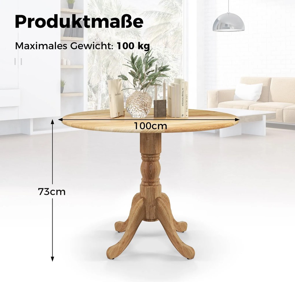 Costway 100 cm Kulatý jídelní stůl pro 4 z kaučukovníku s podnoží pro volný čas