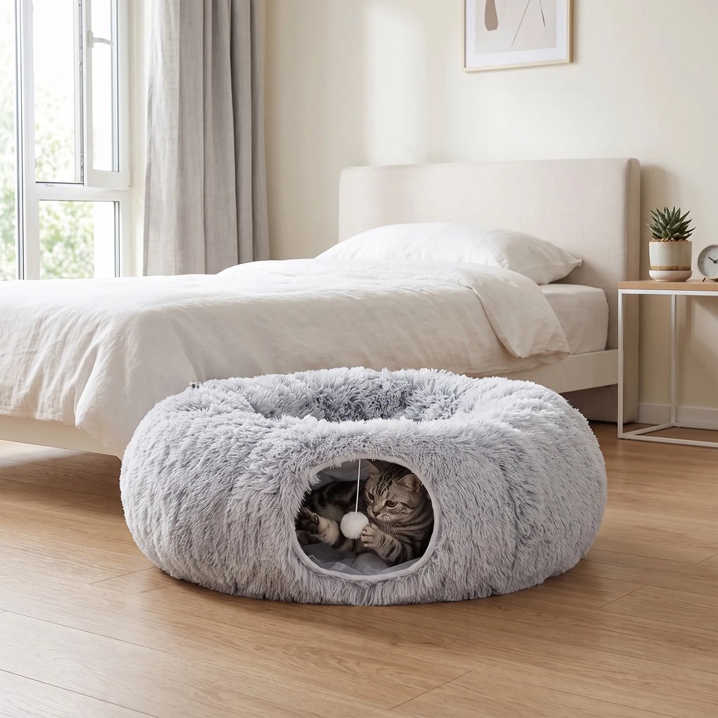 PawHut Kočičí tunel, plyšová látka, polštář, skládací, kovový rám, kočičí jeskyně, světle šedá