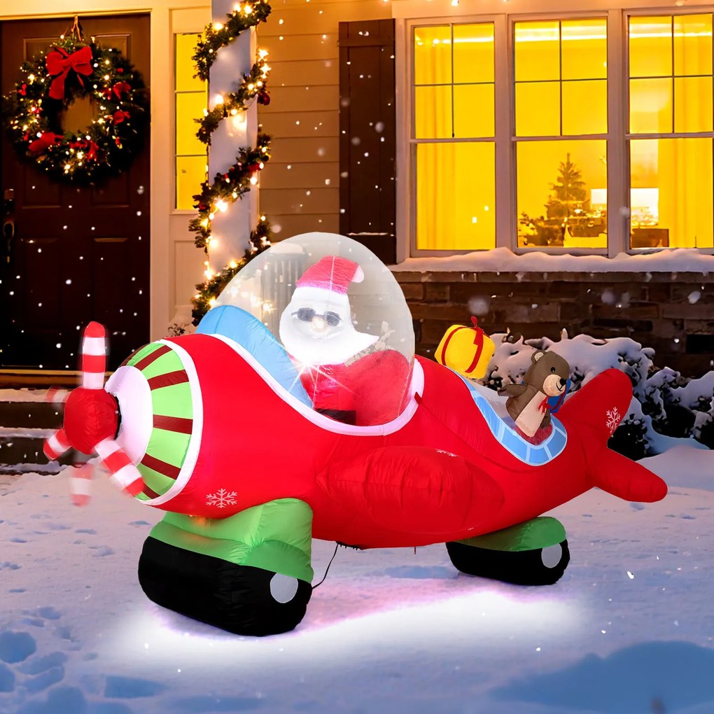 Costway 220 cm Nafukovací Santa Claus v letadle a dárková krabička a LED světla