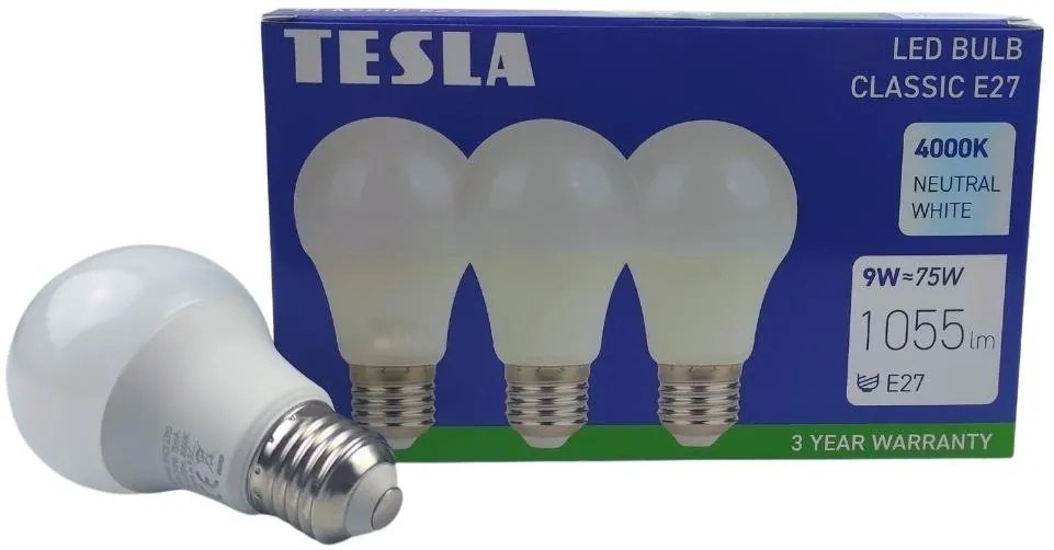 Led žárovka tesla - led žárovka bulb e27, 9w, 230v, 1055lm, 25 000h, 4000k teplá bílá, 220st 3ks v balení