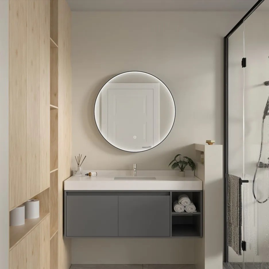 Erga Charlotte, kulaté LED zrcadlo 80cm, černý kovový rám, 1840 lm, 6500K, přední boční osvětlení, ERG-V01-204-8080-BK