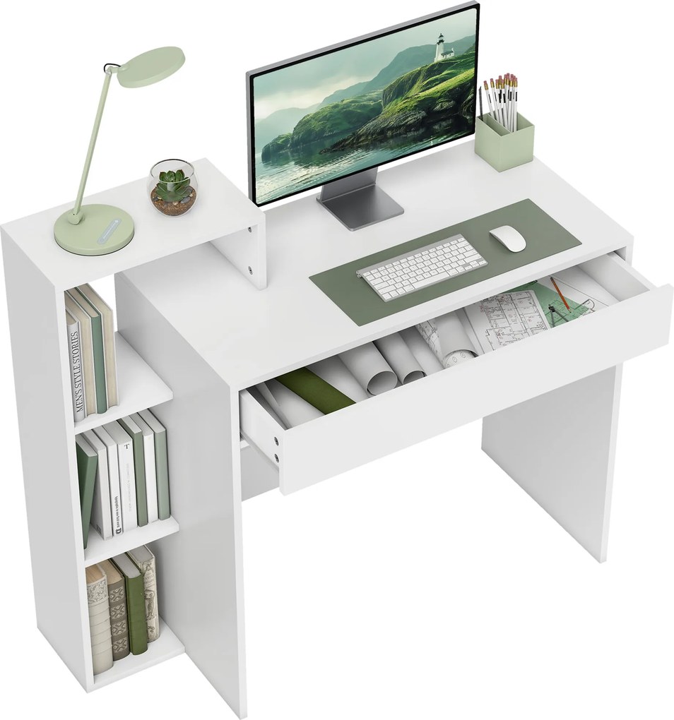 HOMCOM moderní PC stůl se 3 otevřenými policemi a zásuvkou, bílé dřevo, 100x40x90 cm