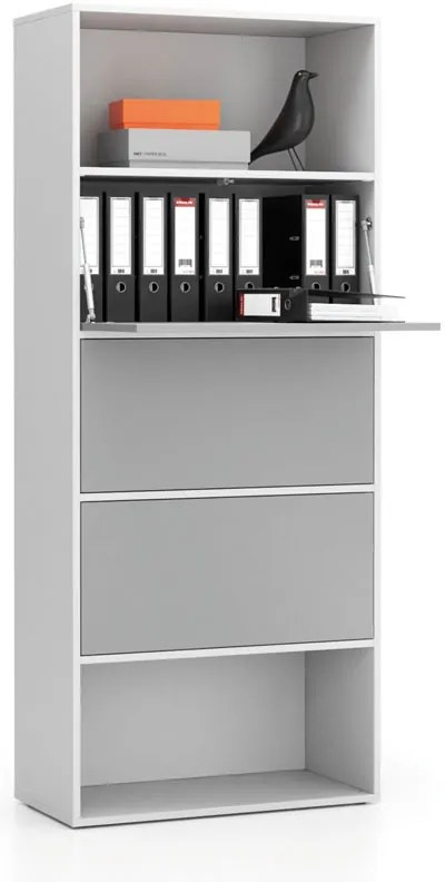 Vysoký kancelářský policový regál LAYERS, 3 boxy, 800 x 400 x 1905 mm, bílá / šedá