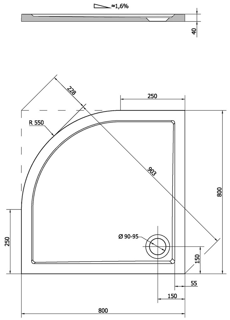 Polysan SERA sprchová vanička z litého mramoru, čtvrtkruh 80x80cm, R550, bílá - 40511