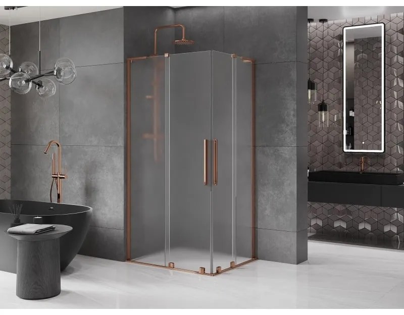 Mexen Velar L Duo, sprchový kout s posuvnými dveřmi 90 x 80 cm, 8mm sklo námraza, růžové zlato, 871-090-080-02-33-60