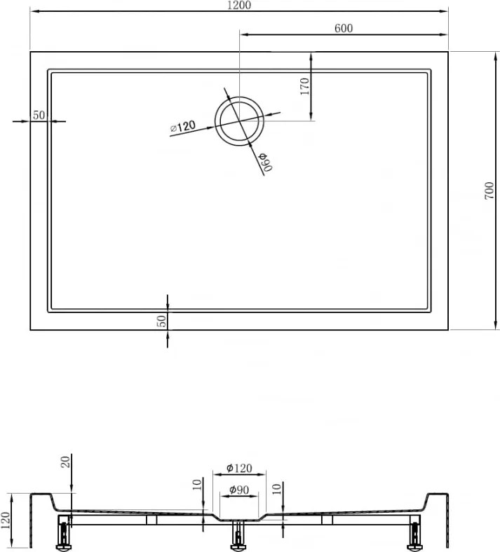 Mexen Flow+ obdélníková vanička 120 x 70 cm, černá matná, 46R707012H
