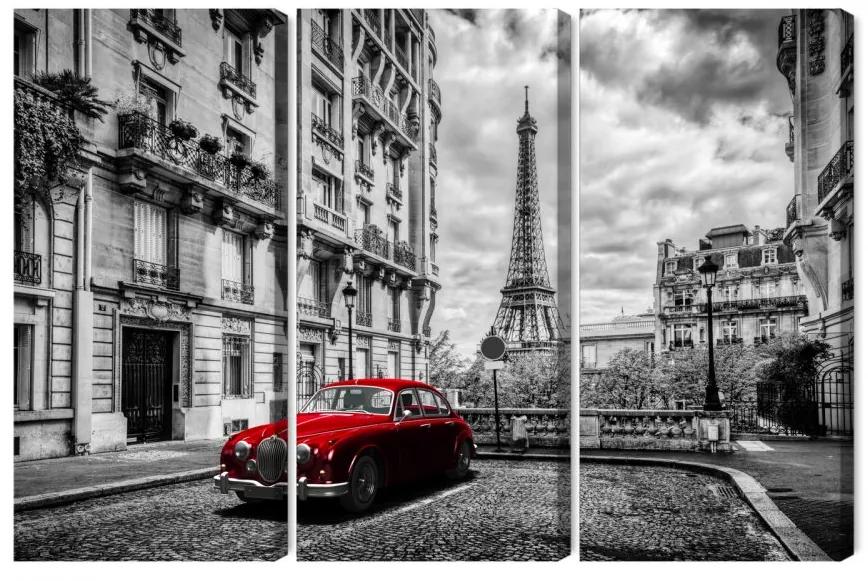 Vícedílný obraz Červené Retro Auto Na Pozadí Eiffelovy Věže Nedostatek Nedostatek Plátno Canvas 60x40